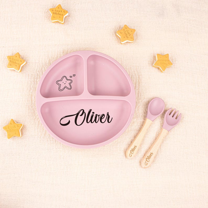 Personalized Silicone Baby Plate and Fork and Spoon, Custom Baby Plate ...