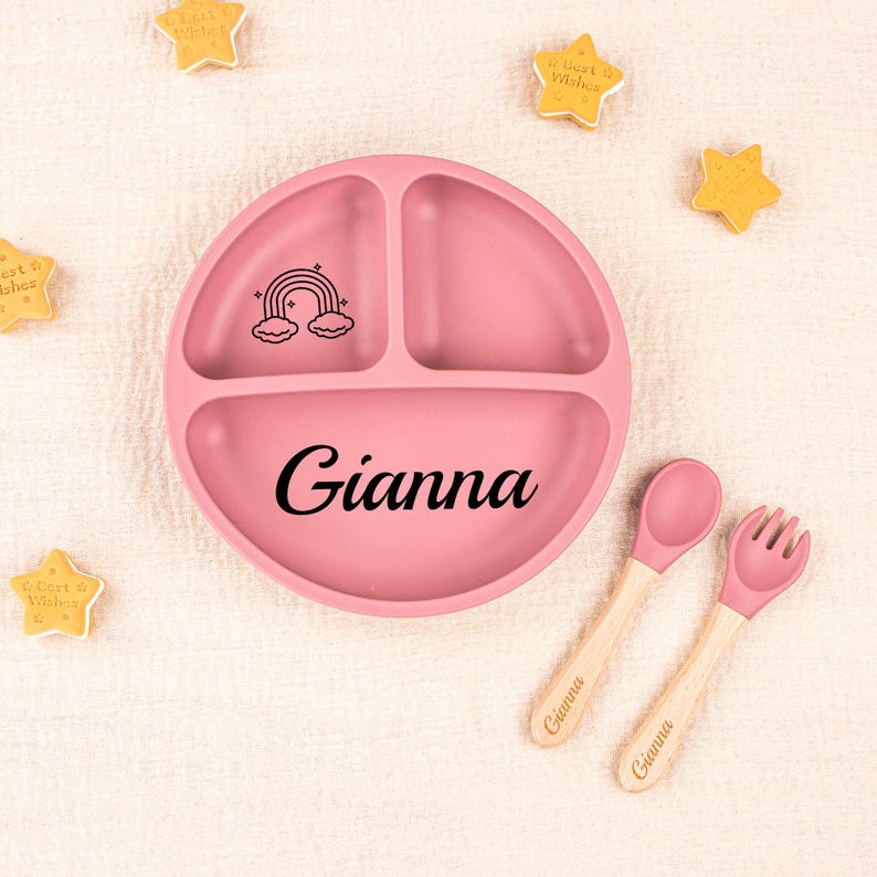Personalized Silicone Baby Plate and Fork and Spoon, Custom Baby Plate ...
