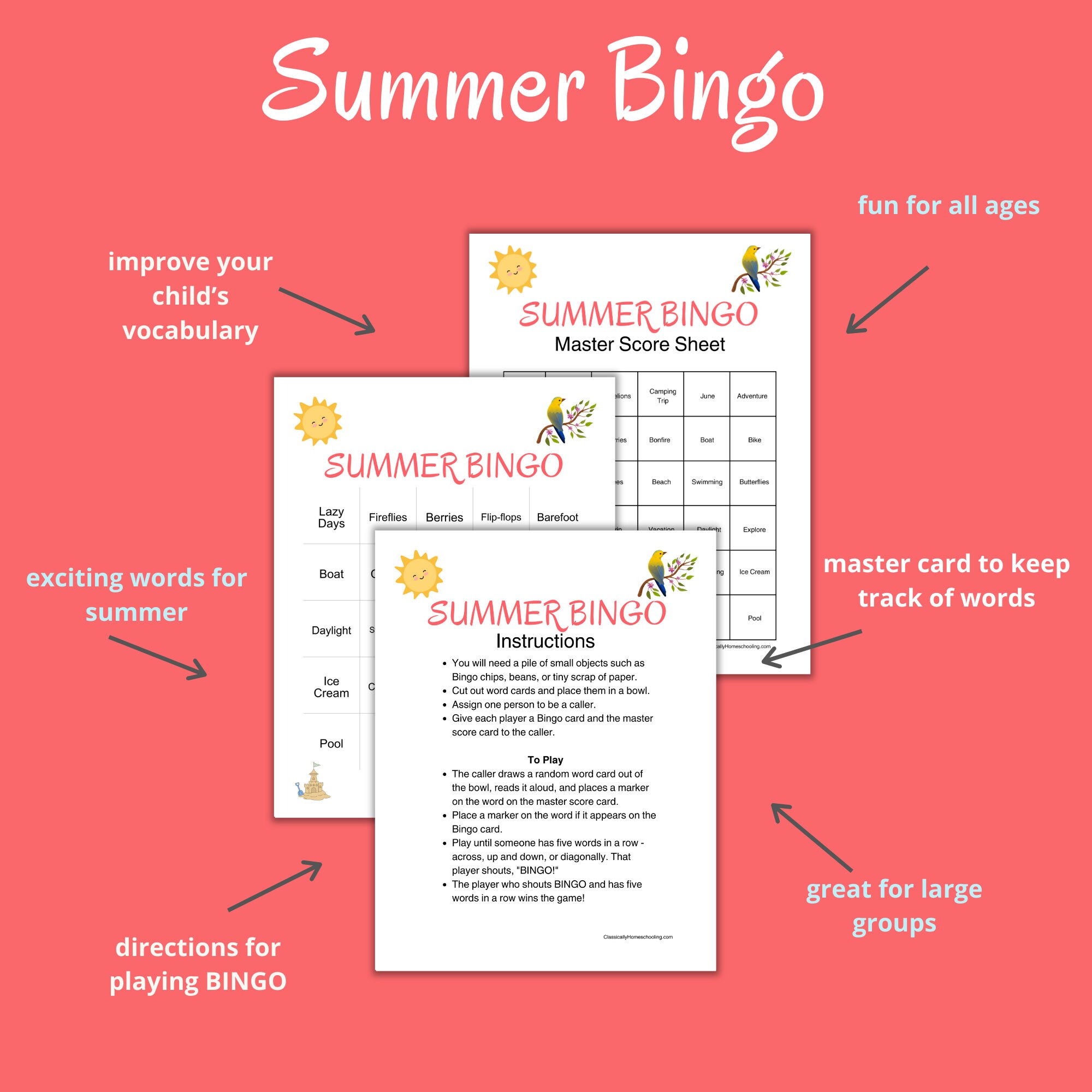 Summer BINGO Printable Summer BINGO Game Vocabulary Game for Kids ...