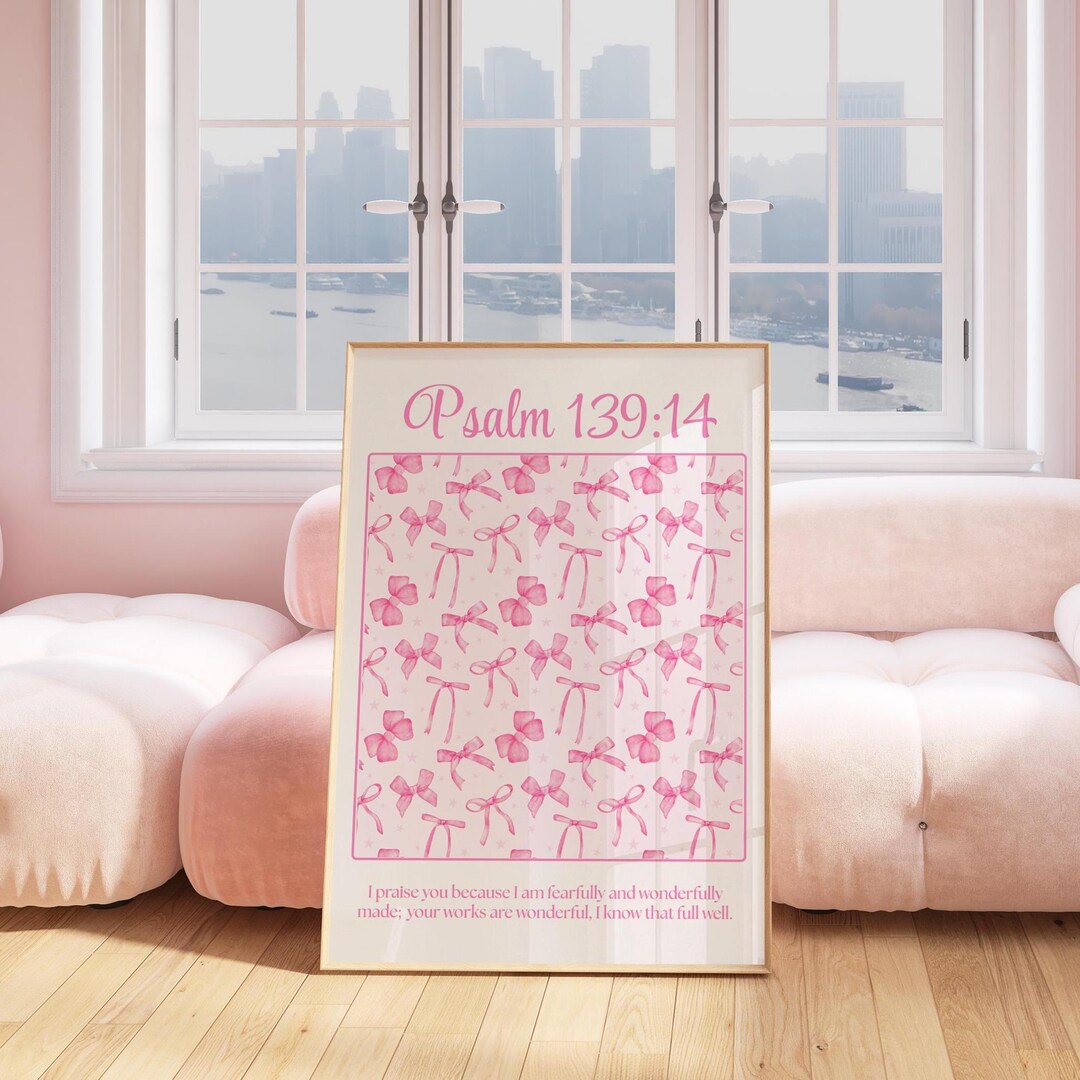 Christian Psalm 139:14 Pink Coquette Wall Art Print, Preppy Pink ...