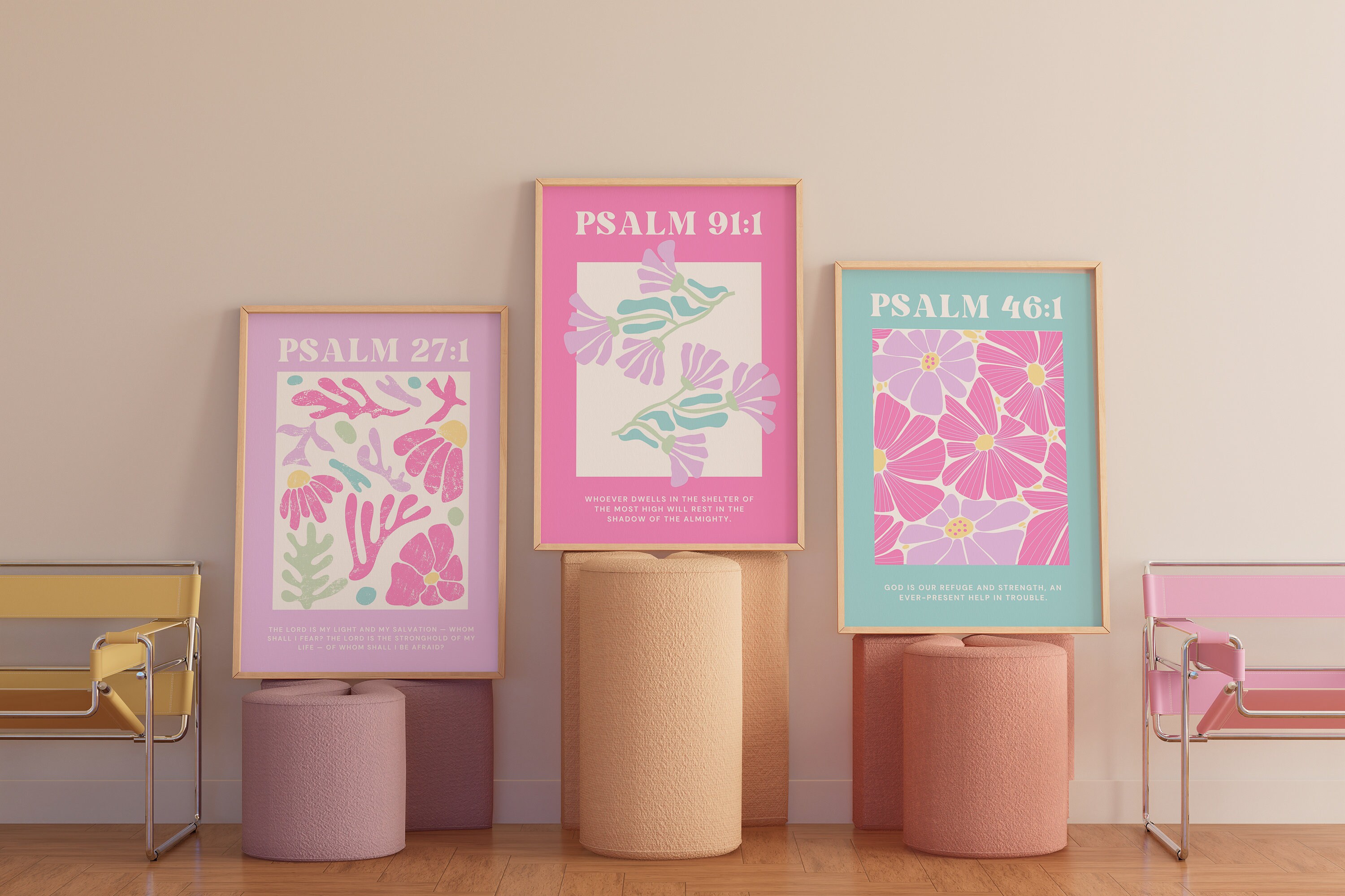 Christian Pastel Botanical Prints Set of 3, Psalms Bible Verse Wall Art ...