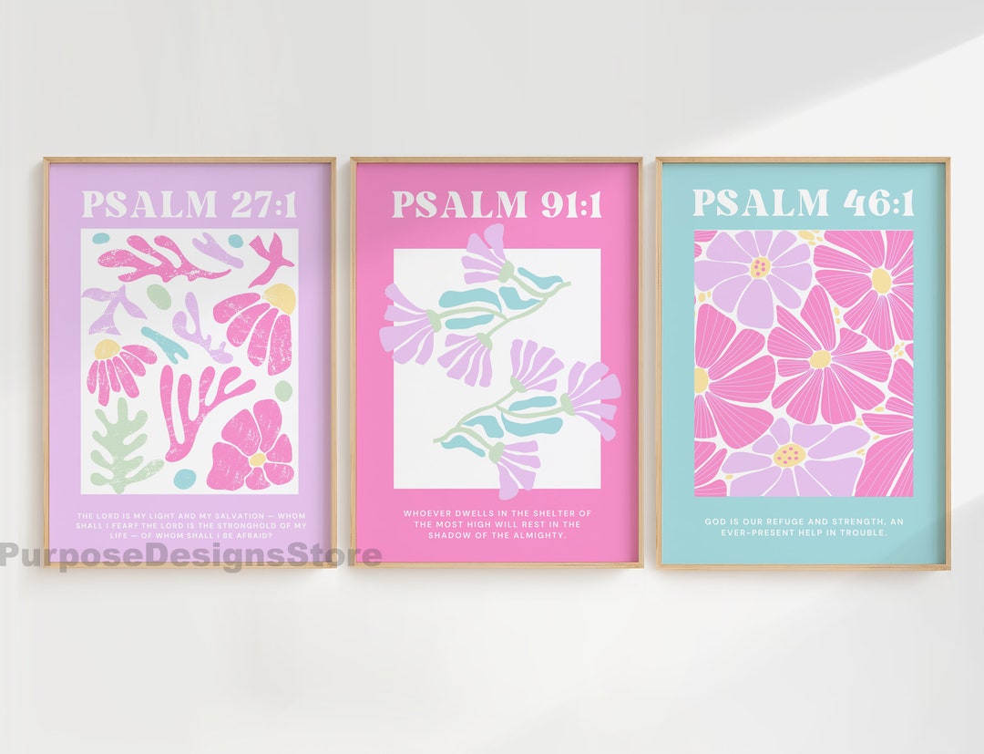 Christian Pastel Botanical Prints Set of 3, Psalms Bible Verse Wall Art ...