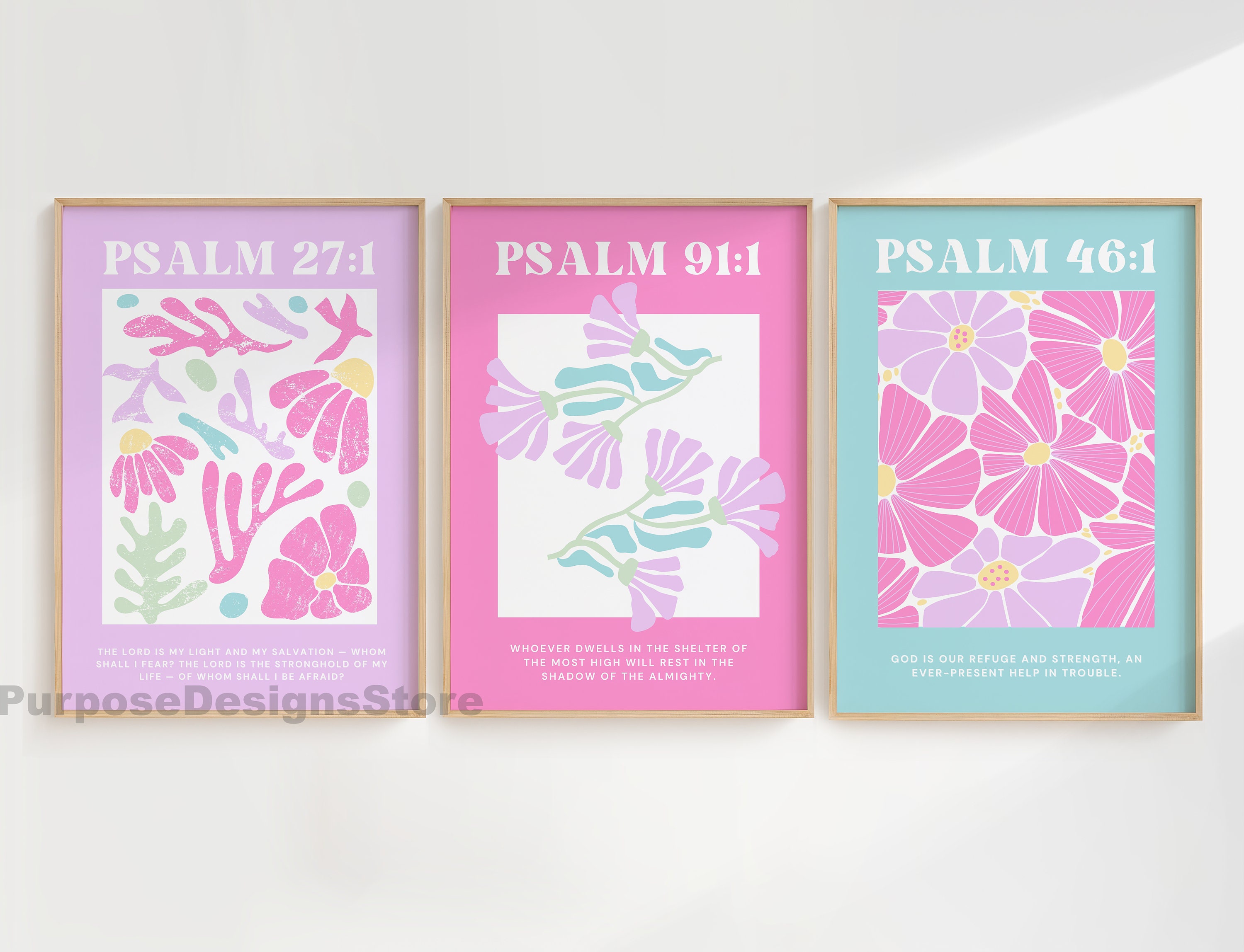 Christian Pastel Botanical Prints Set of 3, Psalms Bible Verse Wall Art ...