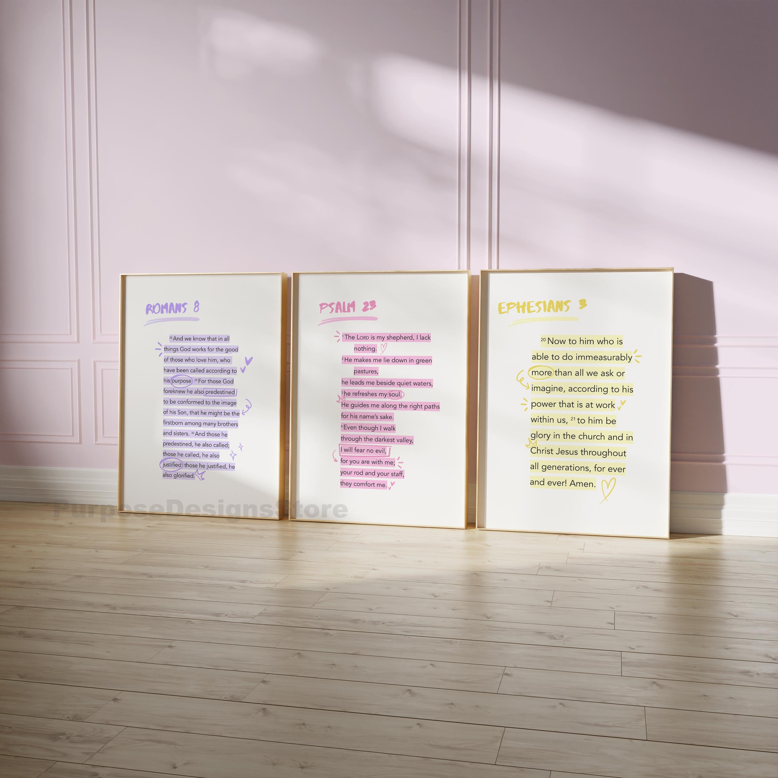 Pastel Bible Verse Wall Art, Psalm 23 Ephesians 3 Romans 8, Modern ...