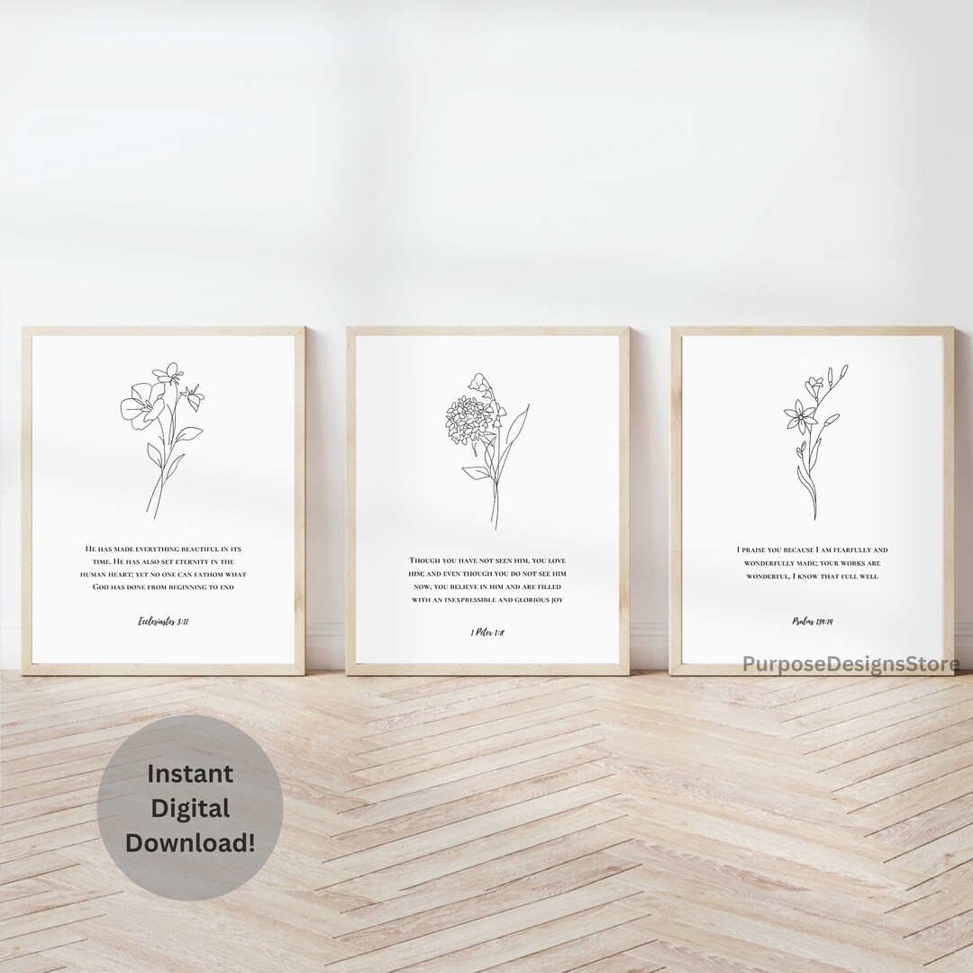 Christian Minimal Flower Scripture Prints, Set of 3, Minimalistic Art ...