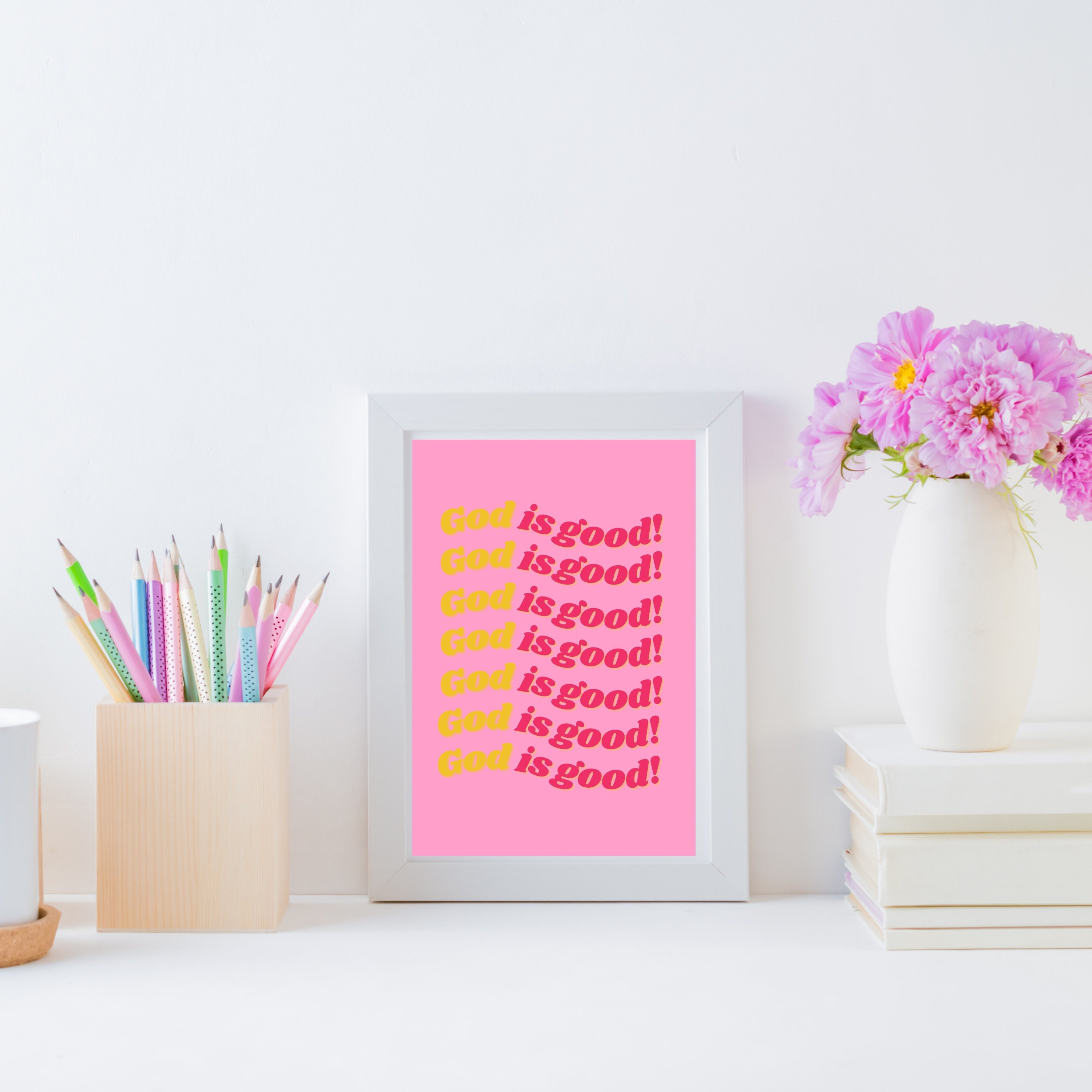 Trendy Christian Retro Wall Art Print, Pink God is Good Groovy ...