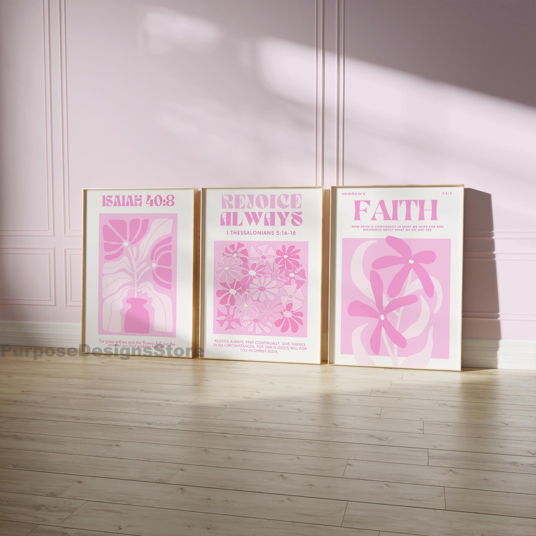Christian Trendy Botanical Pastel Pink Print Set of 3, Bible Verse Wall ...