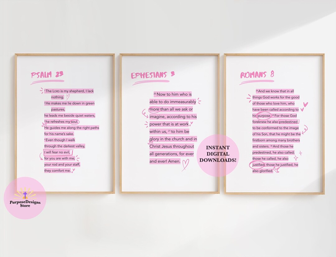 Pink Bible Verse Wall Art, Psalm 23. Ephesians 3, Romans 8, Modern ...