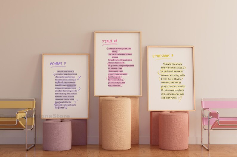 Pastel Bible Verse Wall Art, Psalm 23 Ephesians 3 Romans 8, Modern ...