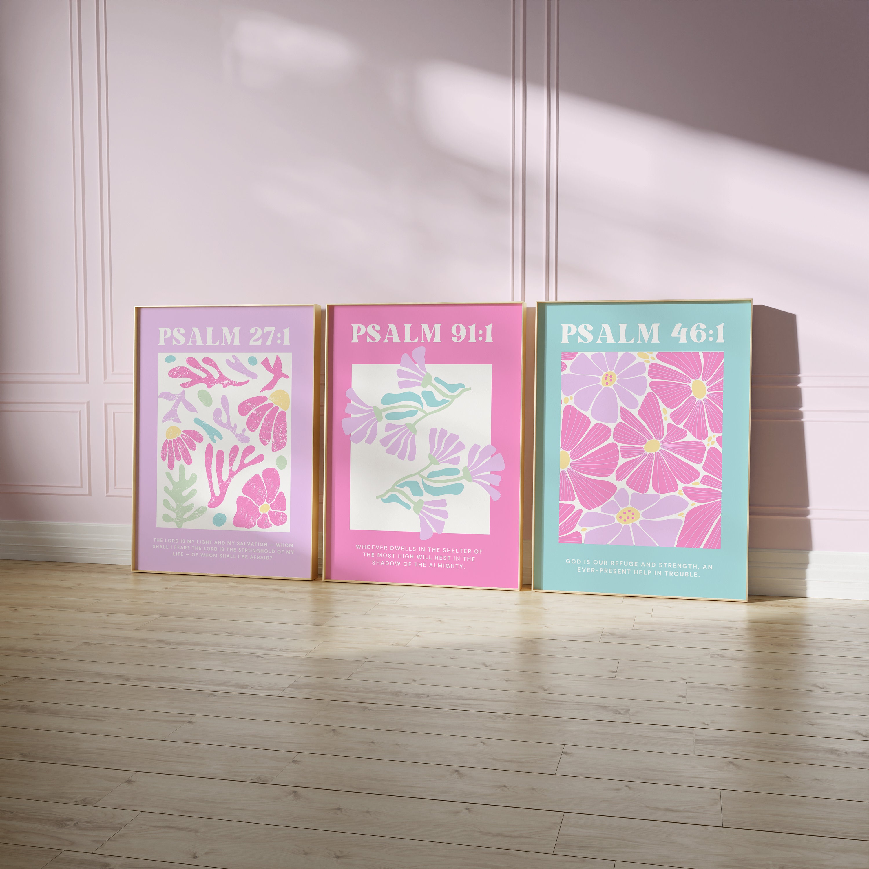 Christian Pastel Botanical Prints Set of 3, Psalms Bible Verse Wall Art ...
