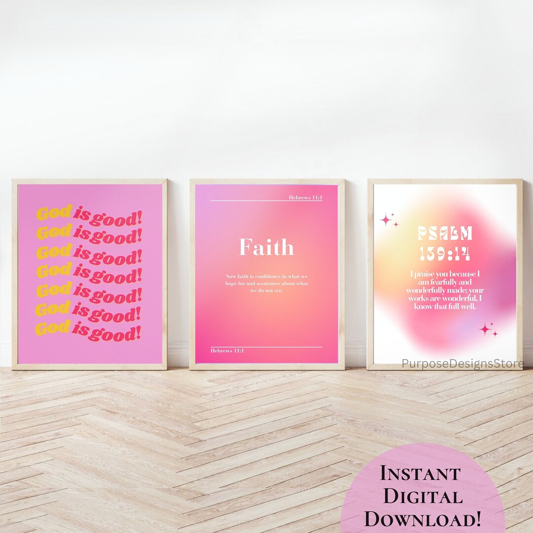 Colorful Christian Wall Art Prints, Set of 3, Trendy Pink Gradient ...