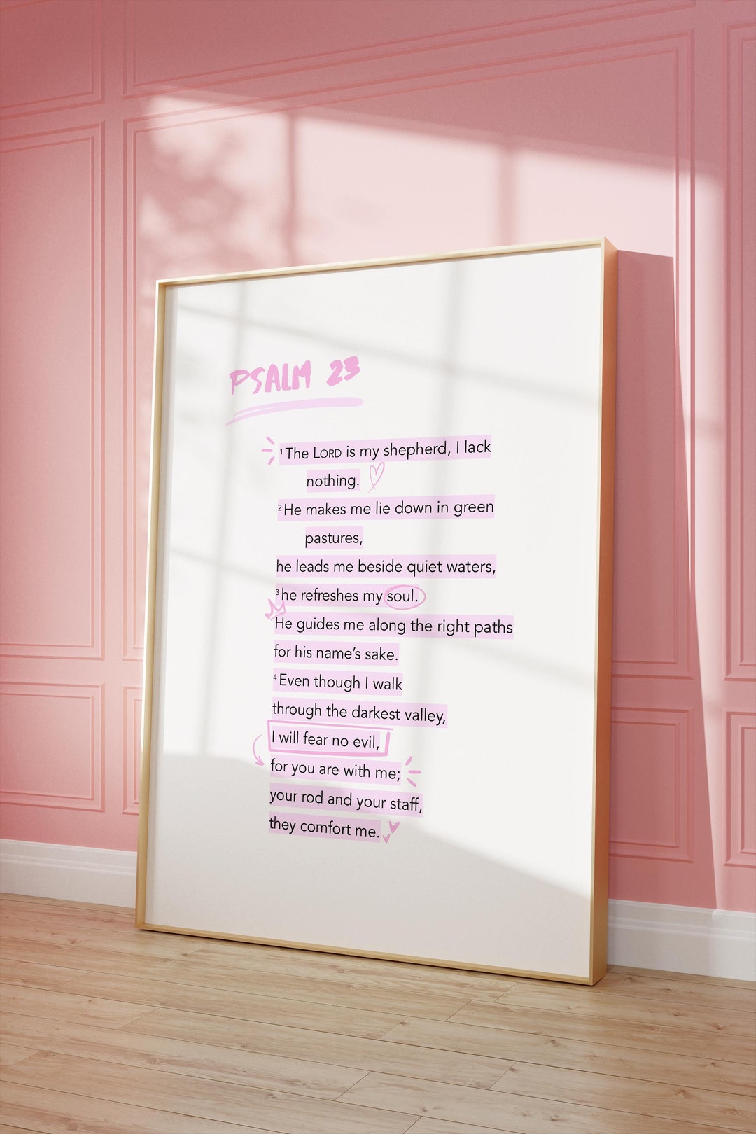 Psalm 23 Christian Light Pink Print, Bible Verse Wall Art, Modern Quote ...