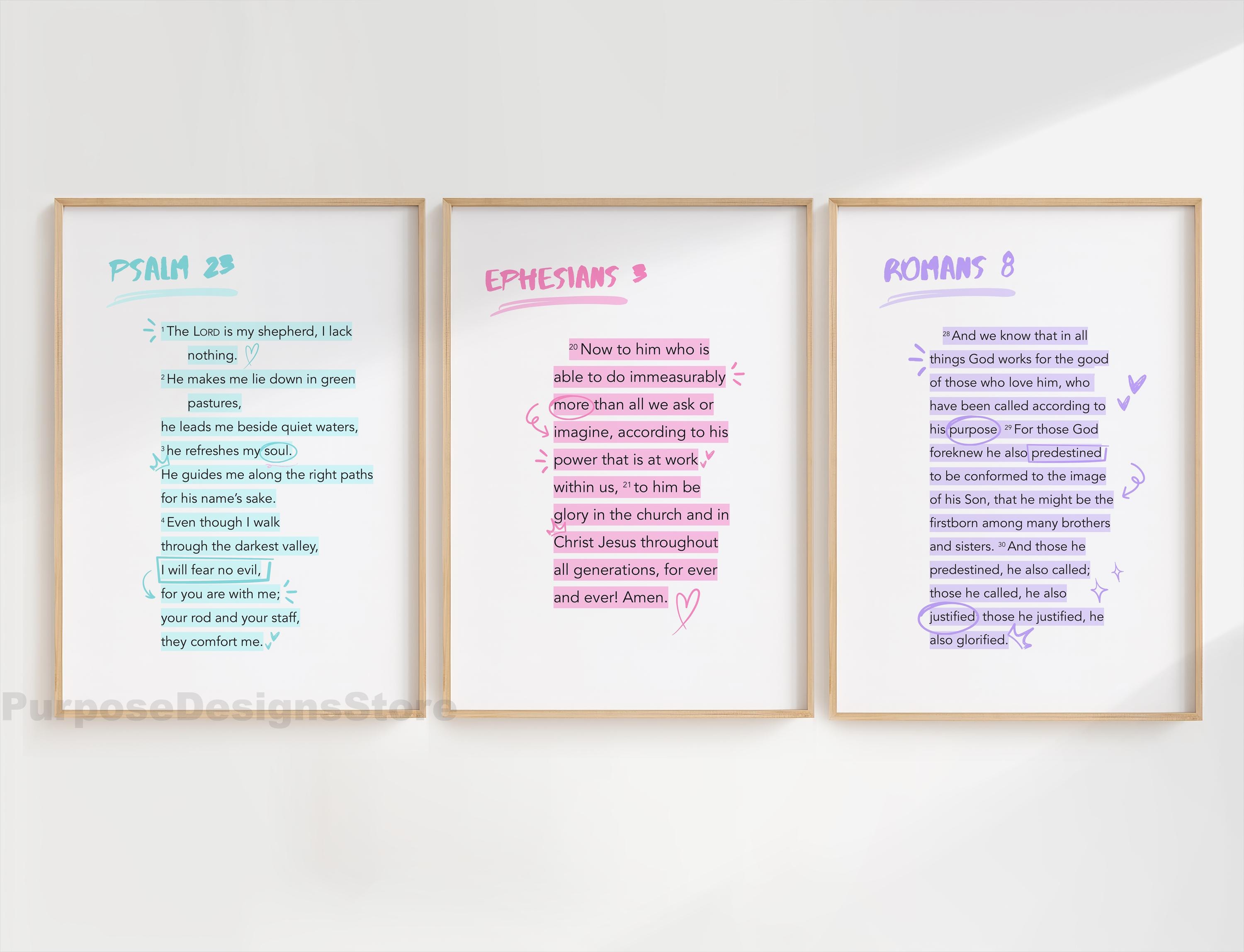 Pastel Bible Verse Wall Art, Psalm 23 Ephesians 3 Romans 8, Modern ...