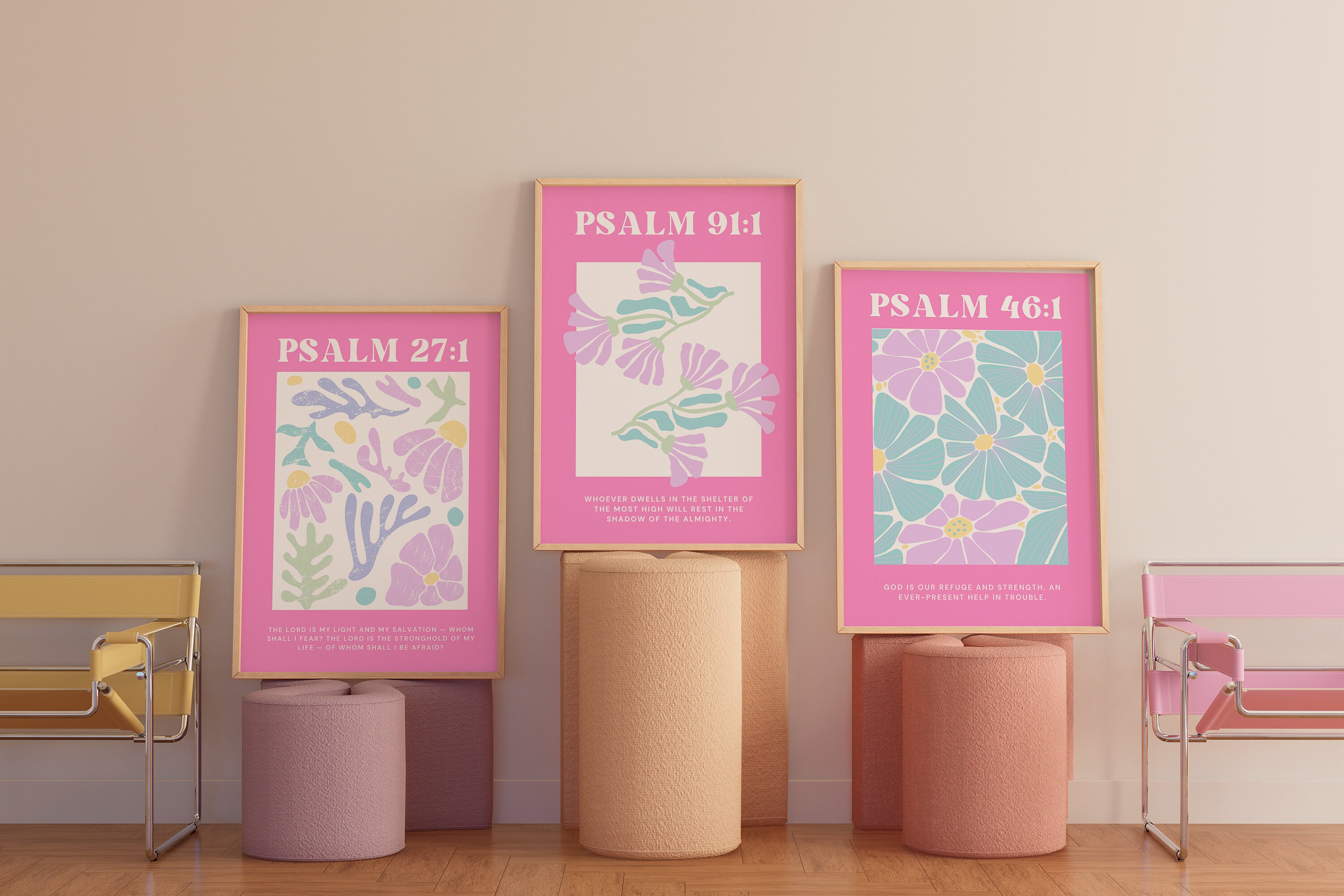 Christian Pastel Pink Botanical Prints Set of 3, Psalms Bible Verse ...
