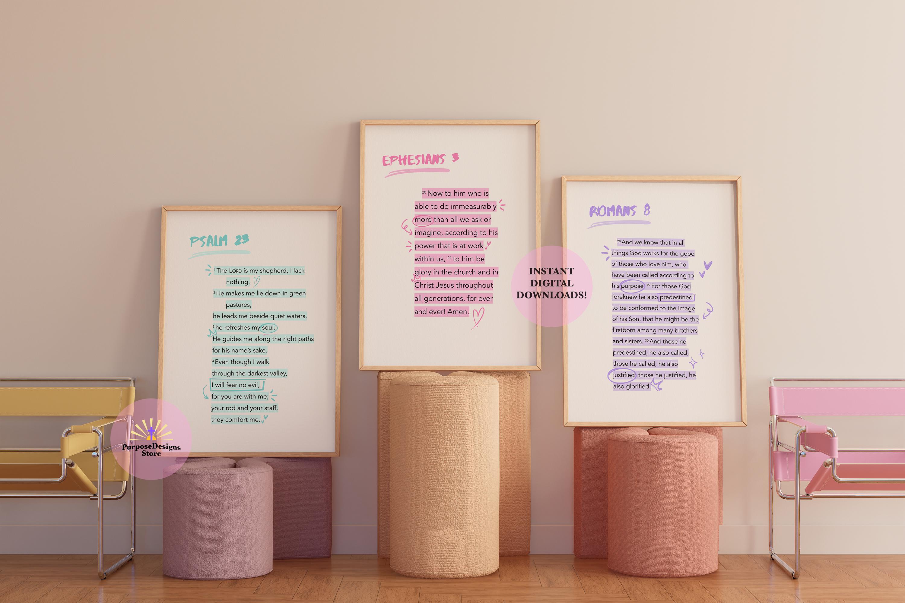 Pastel Bible Verse Wall Art, Psalm 23 Ephesians 3 Romans 8, Modern ...