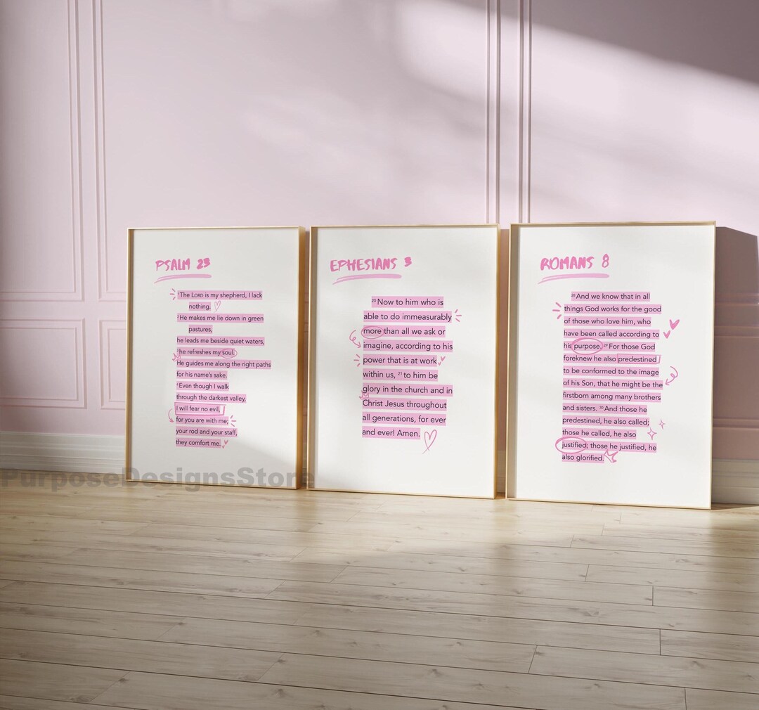 Pink Bible Verse Wall Art, Psalm 23. Ephesians 3, Romans 8, Modern ...