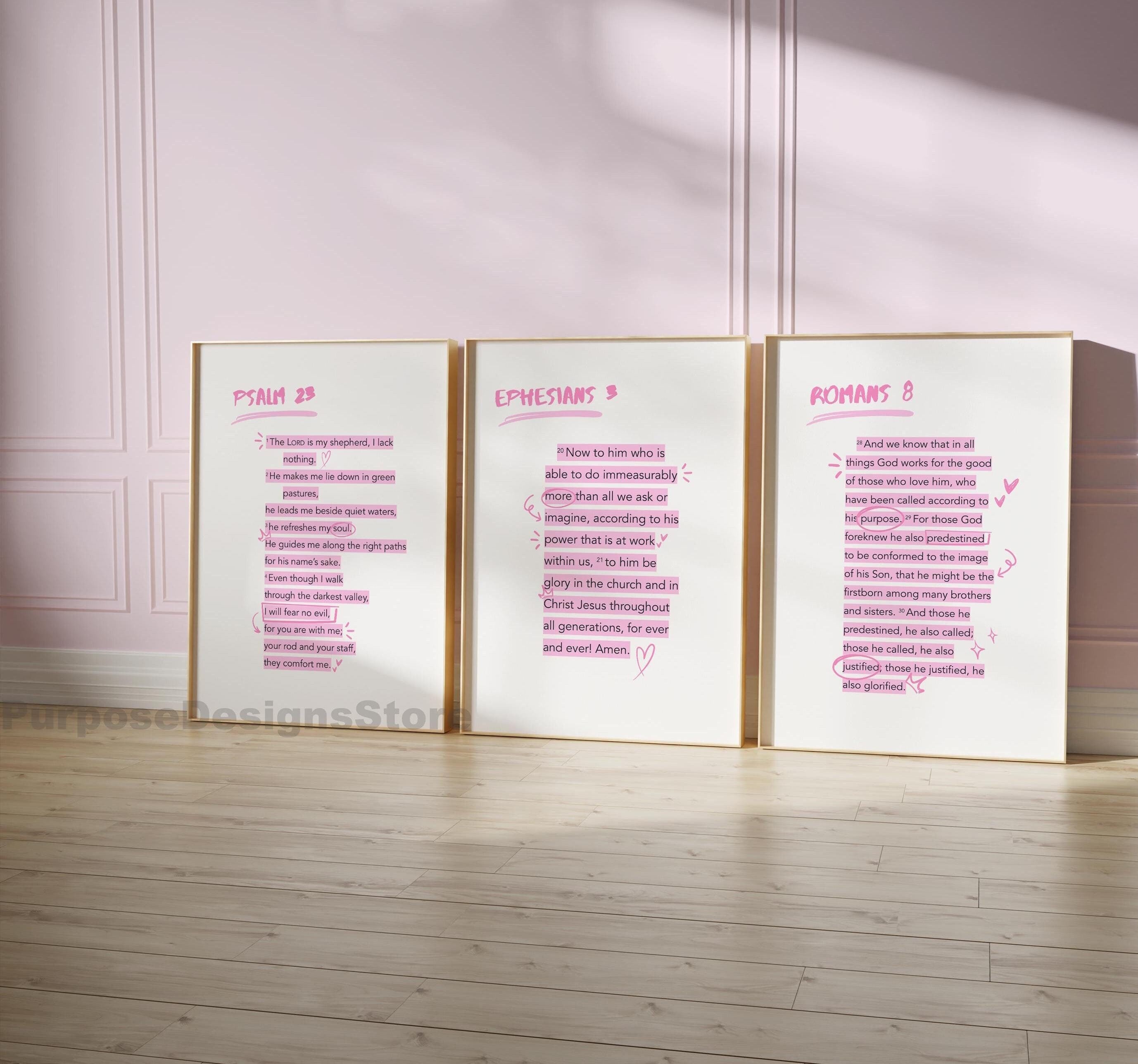 Pink Bible Verse Wall Art, Psalm 23. Ephesians 3, Romans 8, Modern ...