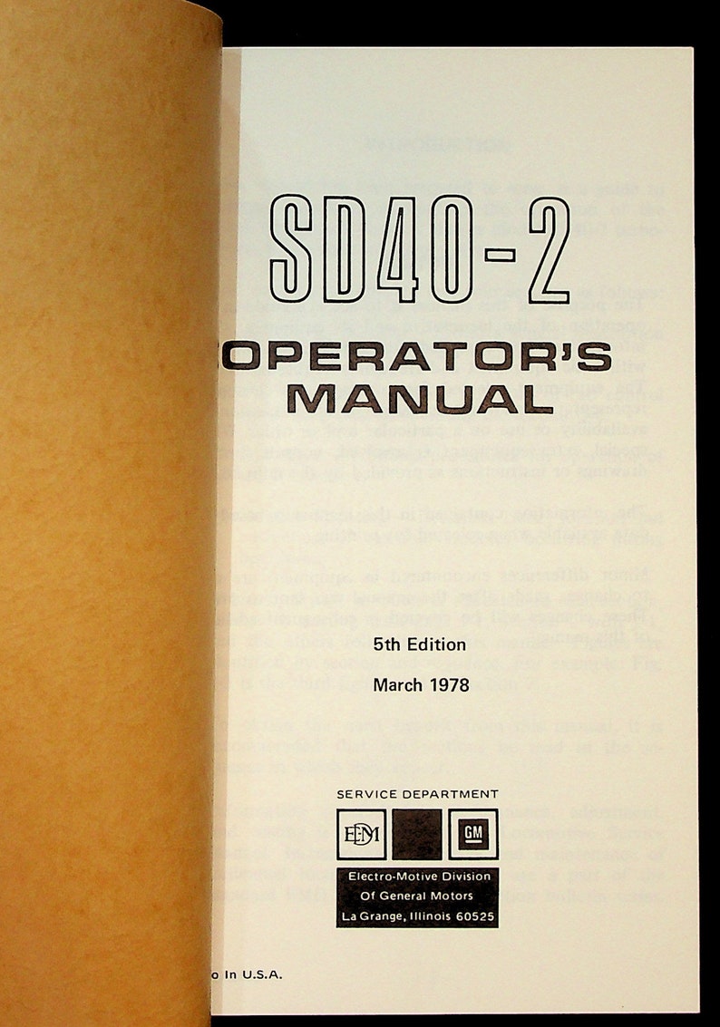 SD40 Locomotive Engineer Operator Manual SD40-2 EMD Train Locomotive Instruction Book 1978 ...