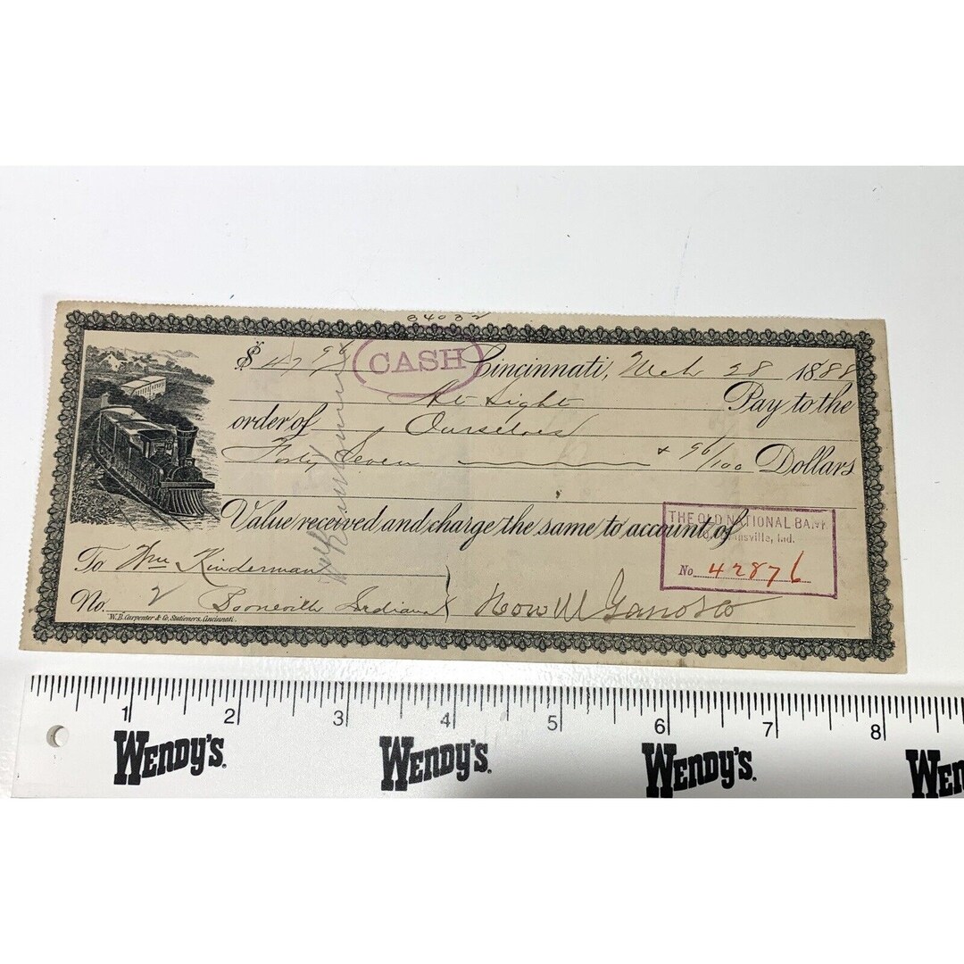 1888 Steam Locomotive Vignette Check Cincinnati Ohio Booneville Indiana ...