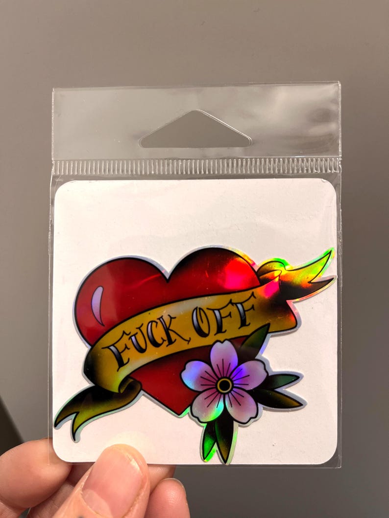 Traditional Tattoo Heart & Banner F*ck off Sticker, Holographic or ...