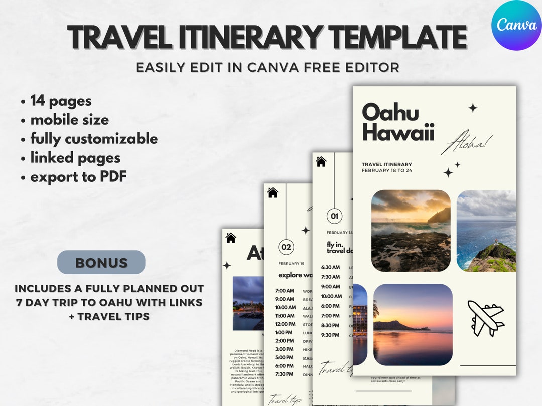 Travel Itinerary Template for Mobile, Editable in Canva, Oahu Hawaii ...