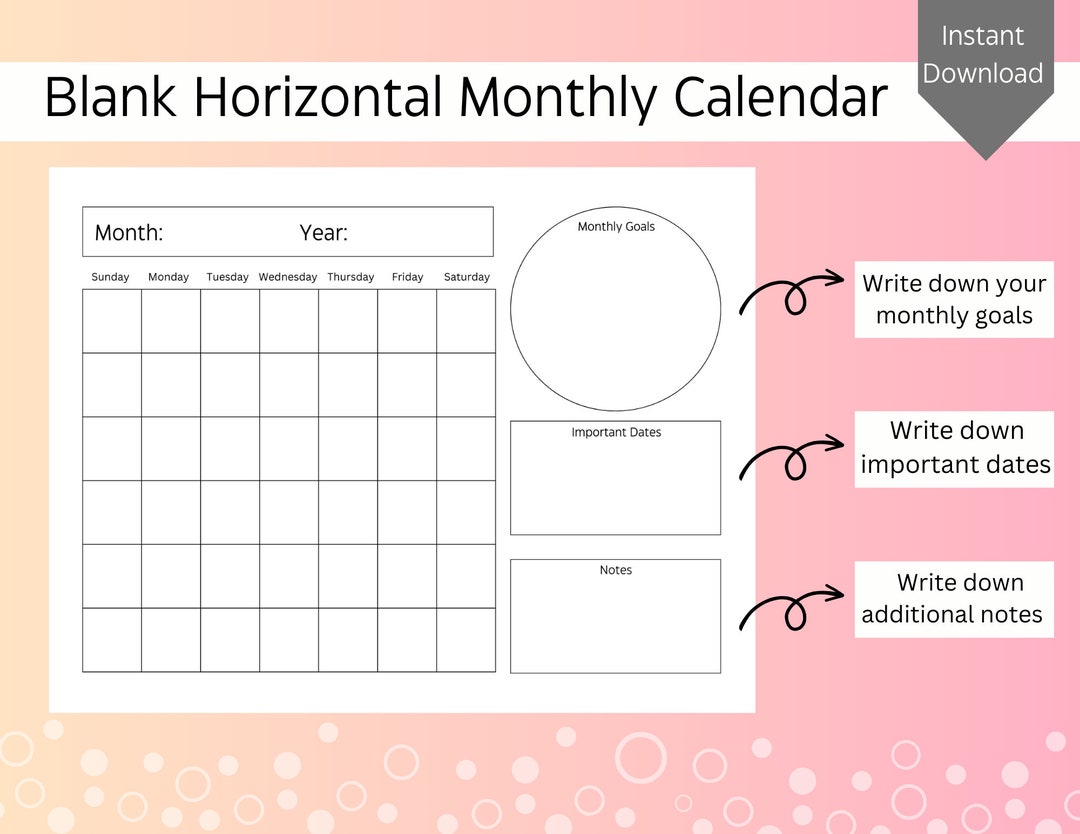 Blank Horizontal Monthly Calendar - Etsy