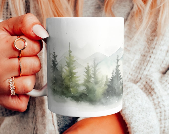 Forest Landscape Ceramic Mug, Rustic Mountain Pines Printed Coffee Cup ...