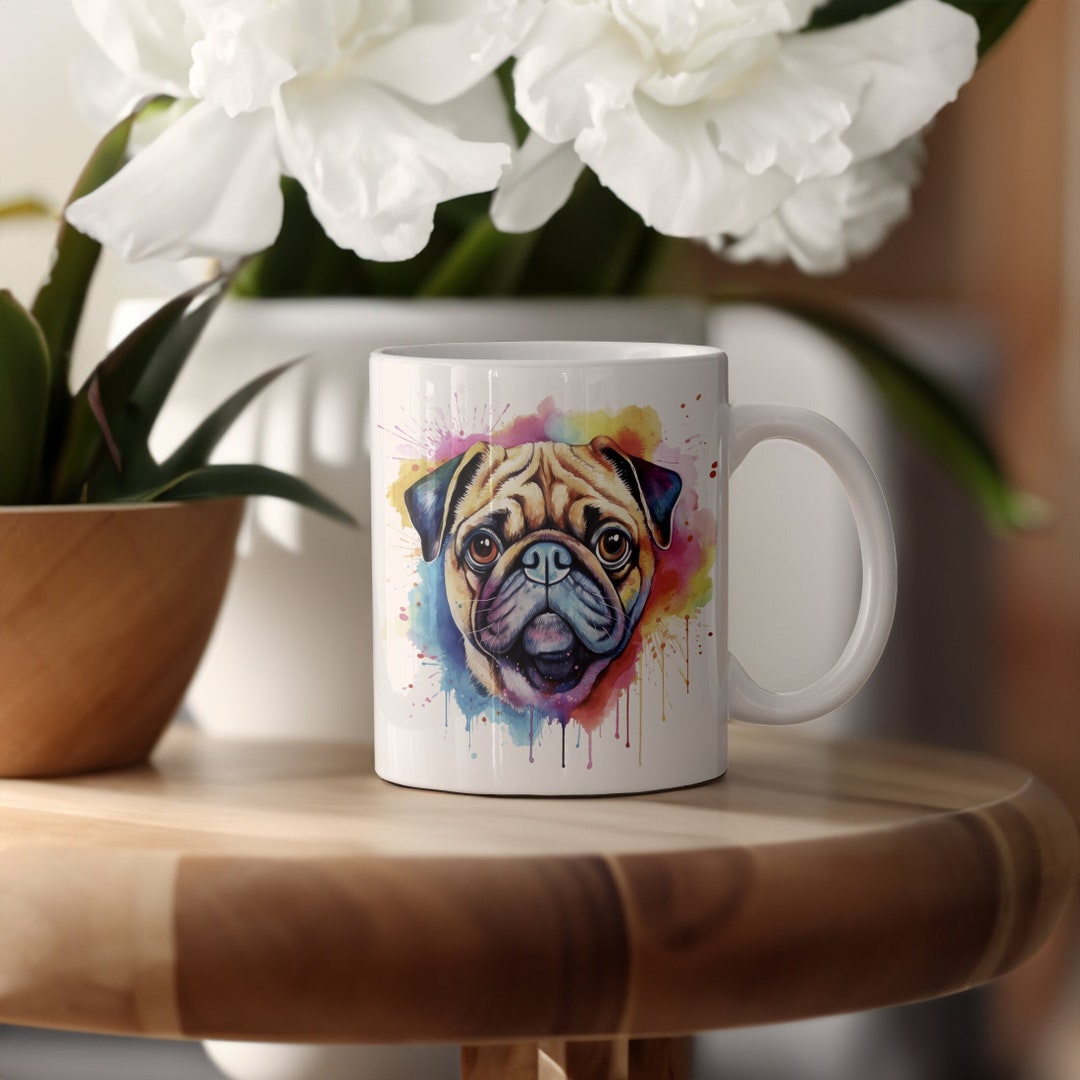 Colorful Watercolor Pug Ceramic Mug, Cute Pug Painting Mug, Dog Lover's ...