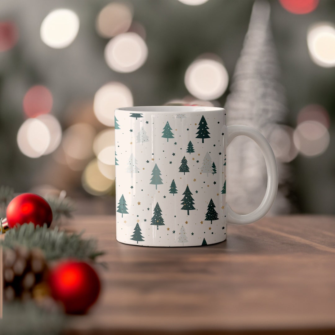 Cute Christmas Trees Pattern Ceramic Mug, Evergreen Trees Holiday Gift ...