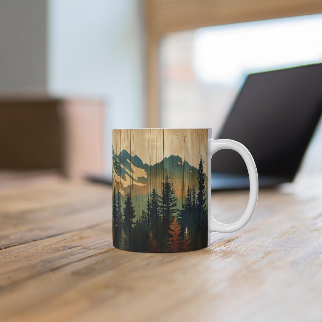 Mountain Pines Rustic Wooden Style Ceramic Mug, Wood Panel Art ...