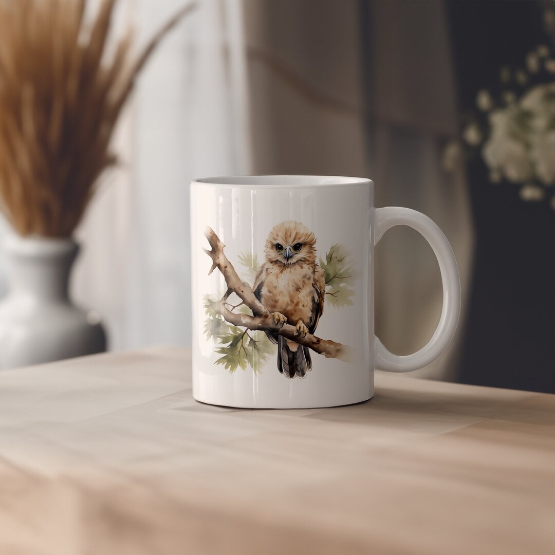 Cute Fluffy Baby Hawk on Branch Ceramic Mug, Fierce Hawk Coffee Cup ...