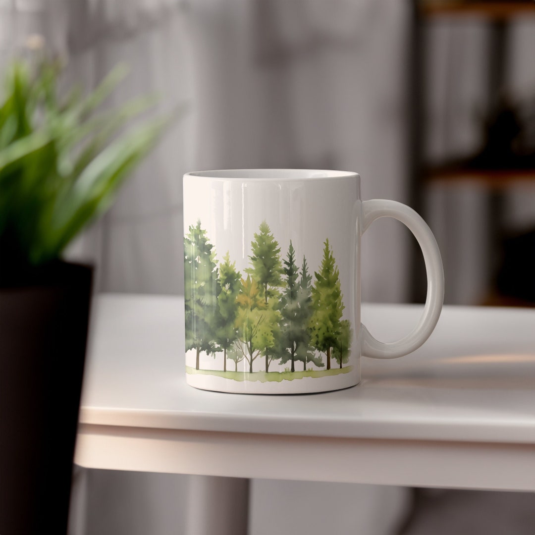 Watercolor Trees Ceramic Mug, Green Trees Watercolor Painting Coffee ...