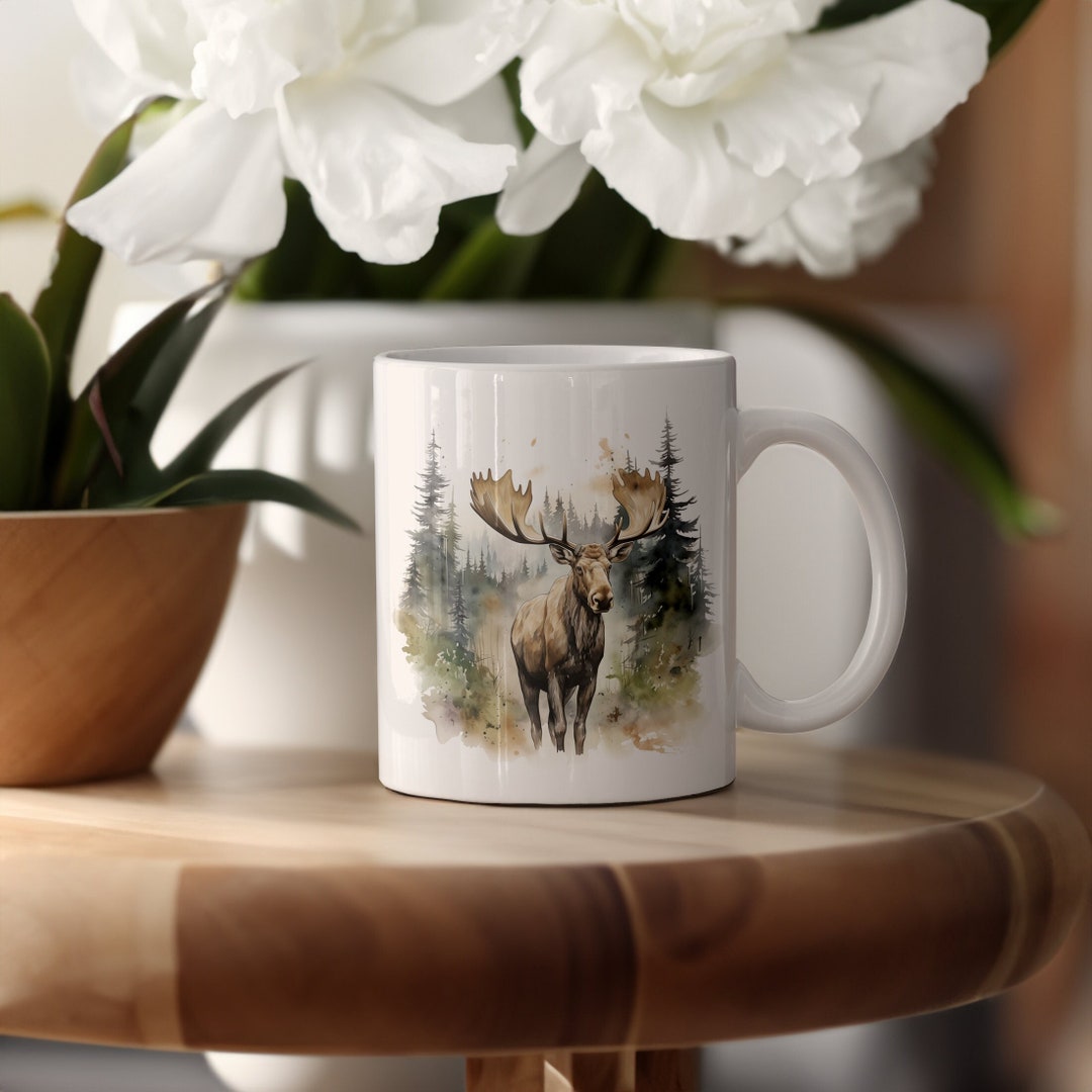 Watercolor Majestic Moose Ceramic Mug, Moose Lover Coffee Cup, Forest ...