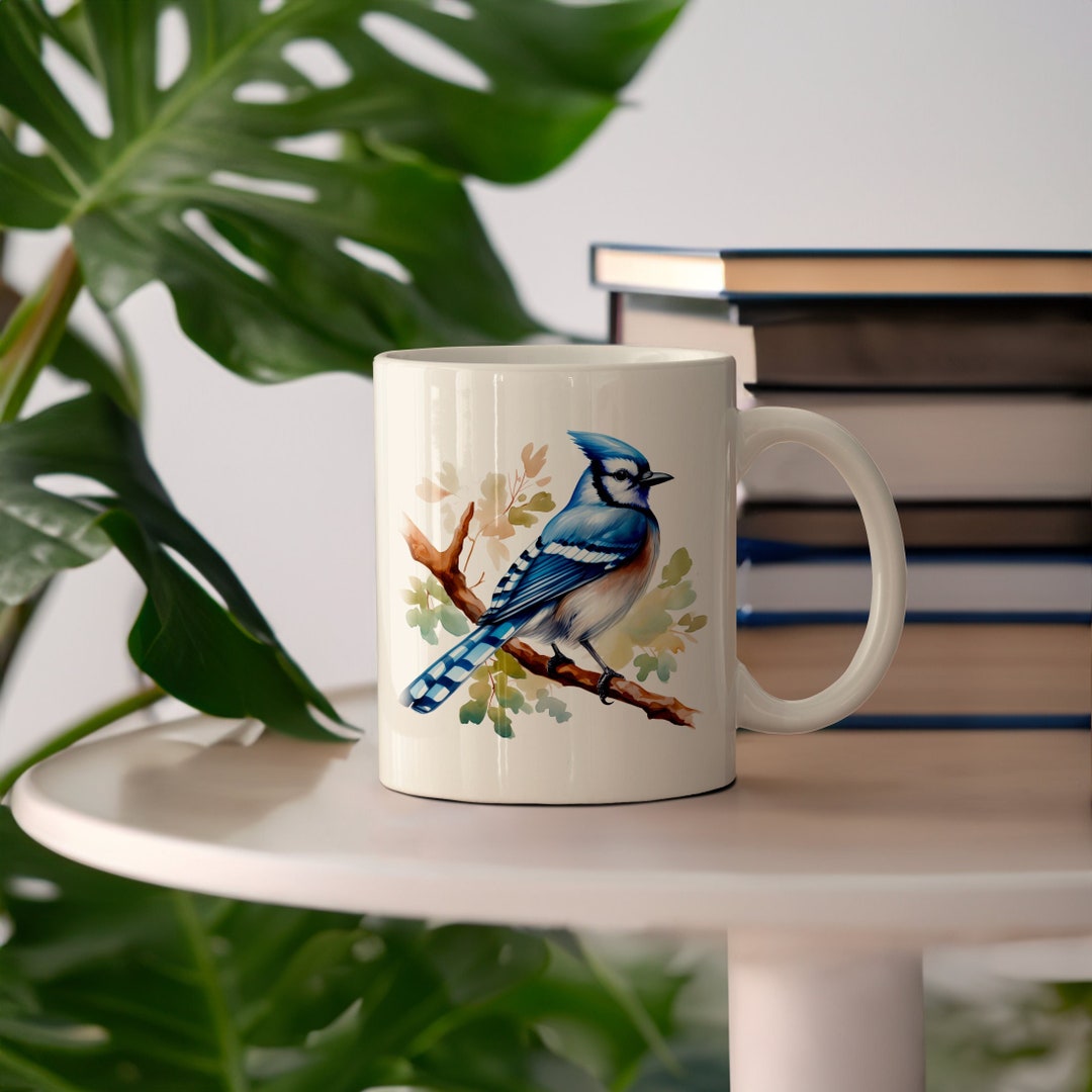 Watercolor Blue Jay Ceramic Mug, Blue Jay on Branch Coffee Cup ...