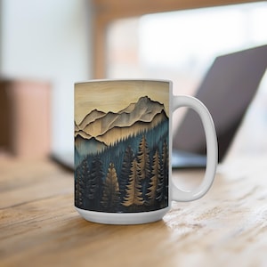 Forest Landscape Ceramic Mug, Rustic Mountain Pines Printed Coffee Cup ...