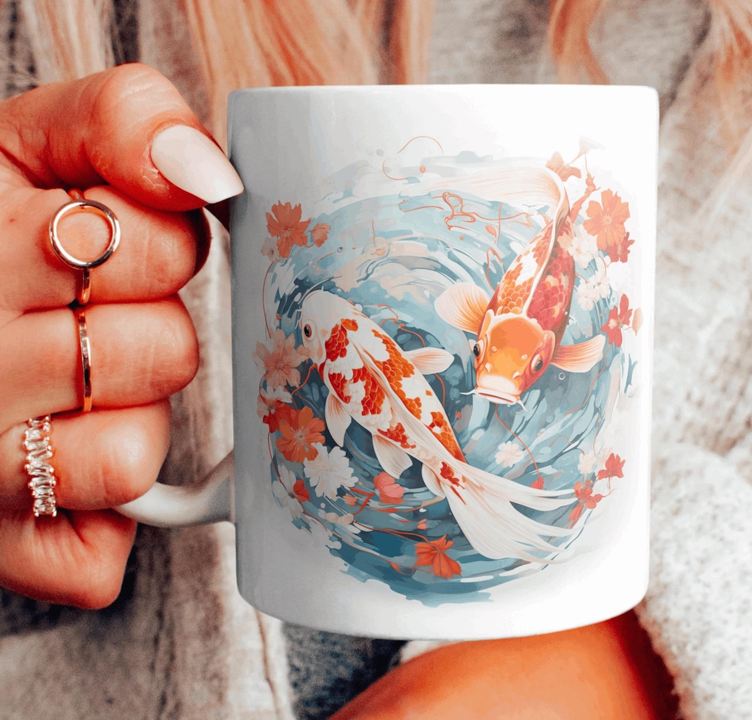 Orange & White Koi Ceramic Mug, Koi Pond Coffee Cup, Watercolor Koi ...