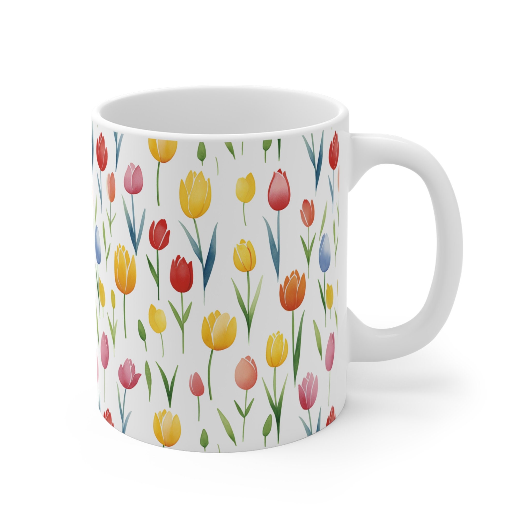 Colorful Watercolor Tulips Pattern Ceramic Mug, Beautiful Tulip Flowers ...