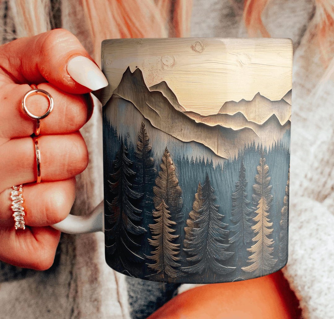 Forest Landscape Ceramic Mug, Rustic Mountain Pines Printed Coffee Cup ...