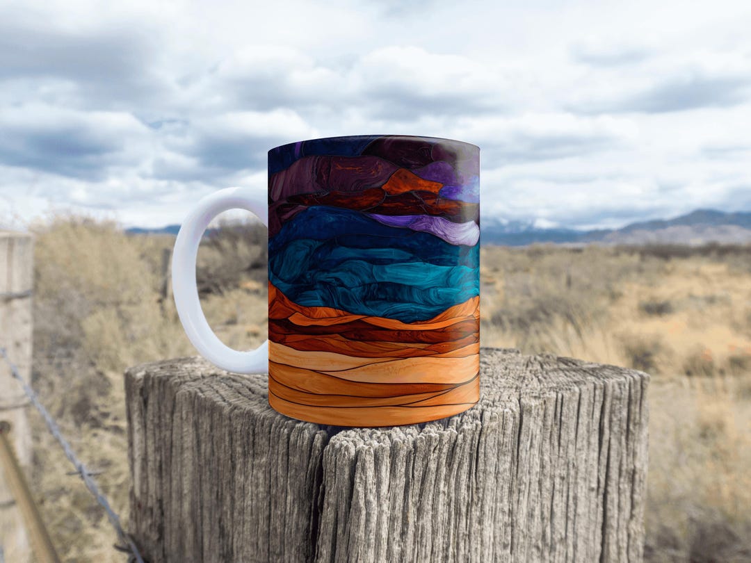 Faux Stained Glass Desert Landscape Ceramic Mug, Colorful Purple Sky ...