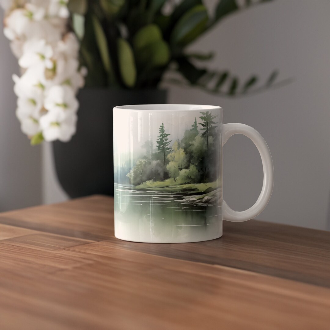 Watercolor Mountain Forest Lake Scenery Ceramic Mug, Beautiful ...