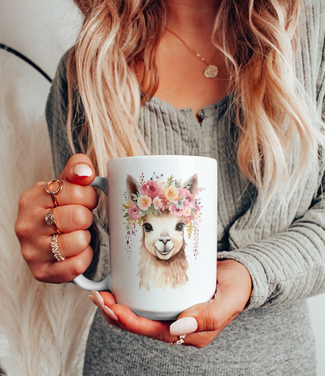 Cute Llama & Flowers Ceramic Mug, Pretty Llama Floral Coffee Cup, Llama ...