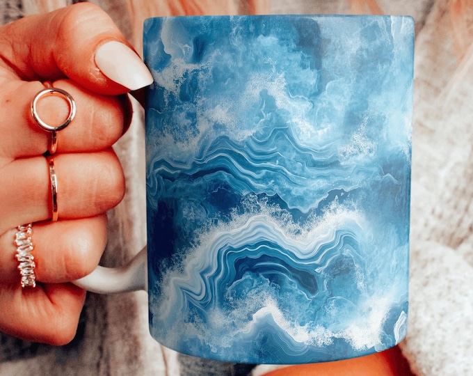 Unique Coffee Mug Sky Blue Stoneware Mug Ocean Waves Mug Blue Waves Mug ...