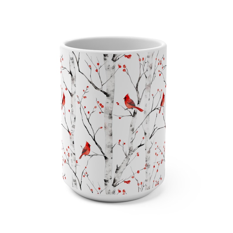 Birch Tree Cardinals Mug, Beautiful Red Cardinals in Aspen Branches ...
