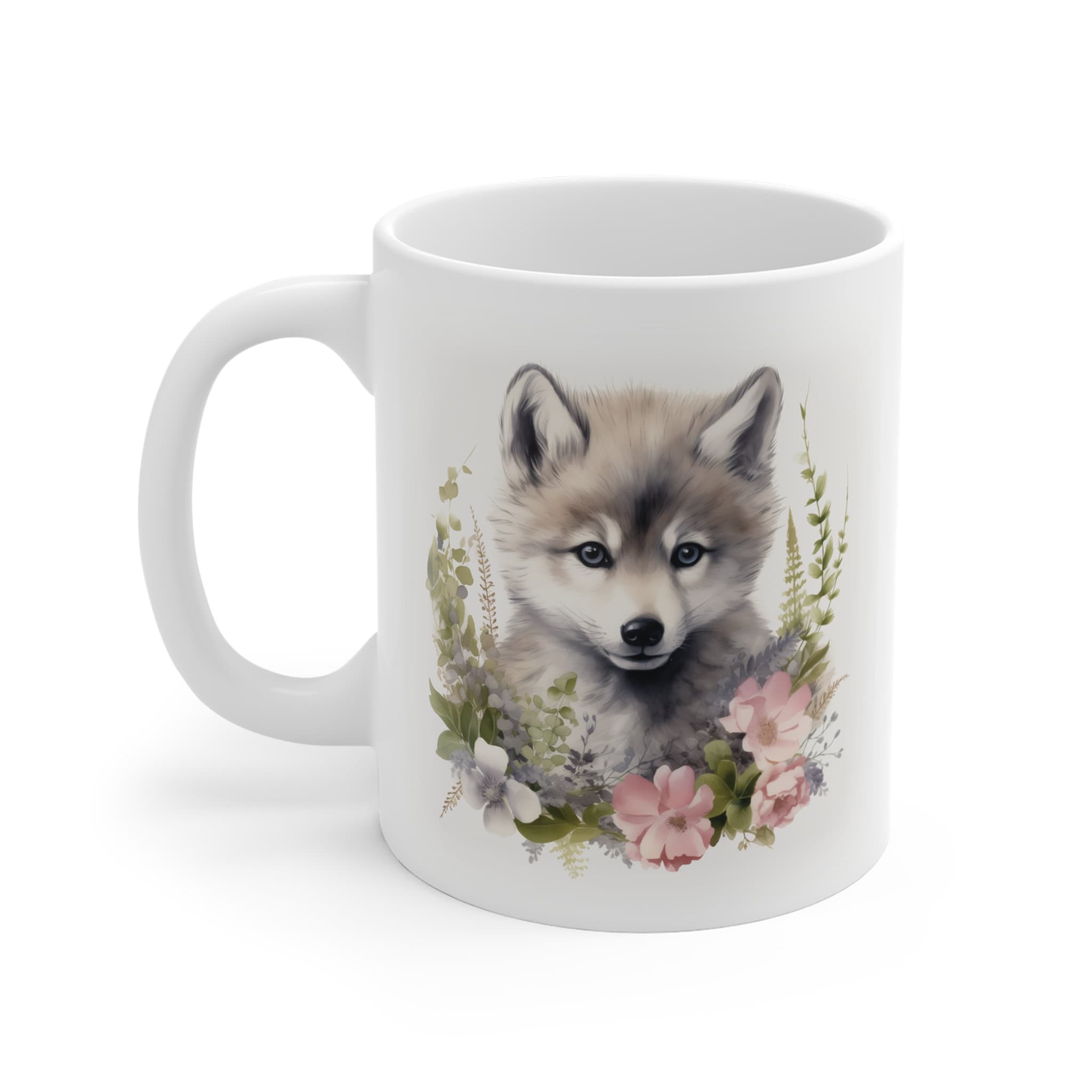 Cute Watercolor Wolf Cub With Flowers Ceramic Mug, Adorable Baby Wolf ...