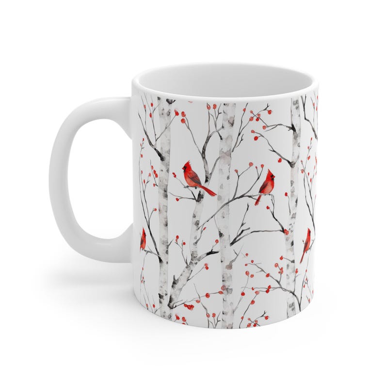 Birch Tree Cardinals Mug, Beautiful Red Cardinals in Aspen Branches ...