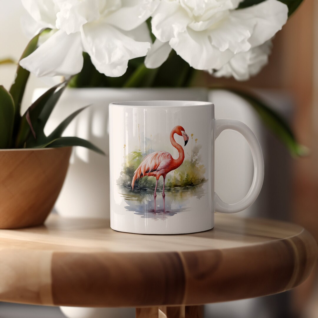 Watercolor Flamingo Pond Ceramic Mug, Beautiful Pink Flamingo in Pond ...