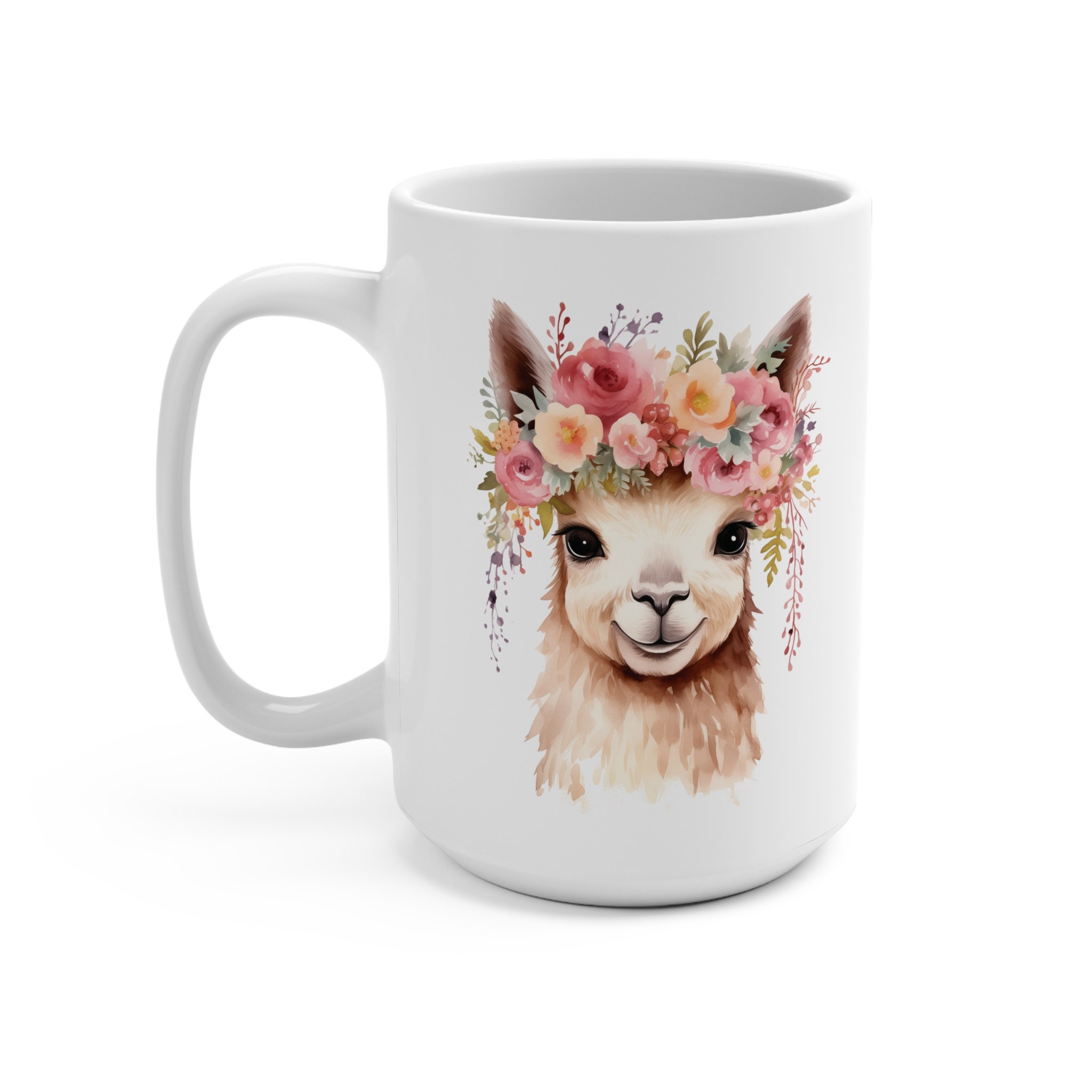 Cute Llama & Flowers Ceramic Mug, Pretty Llama Floral Coffee Cup, Llama ...