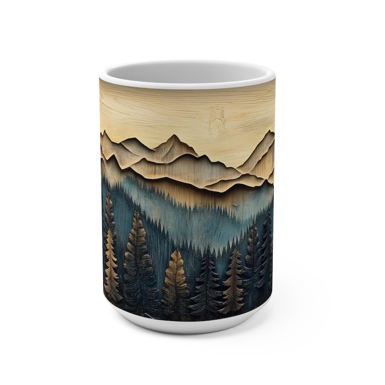 Carved Wood Style Mountain Range Ceramic Mug, Faux Layered Wood ...