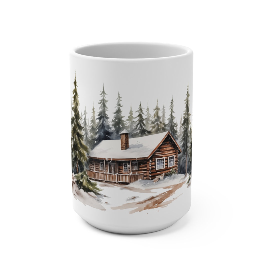 Snowy Cabin in the Woods Ceramic Mug, Watercolor Log Cabin Coffee Cup ...
