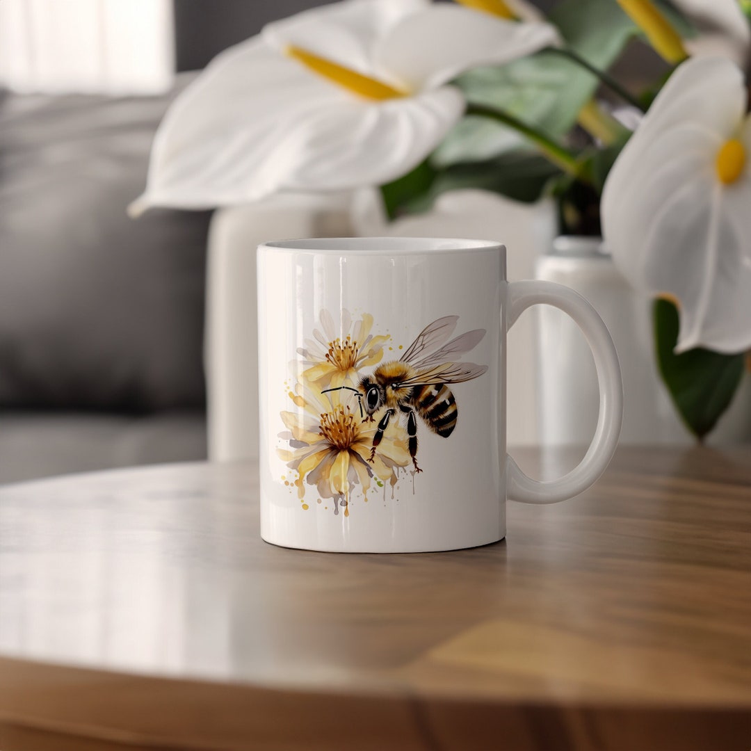 Watercolor Honeybee With Flowers Ceramic Mug, Beekeeper Coffee Cup ...